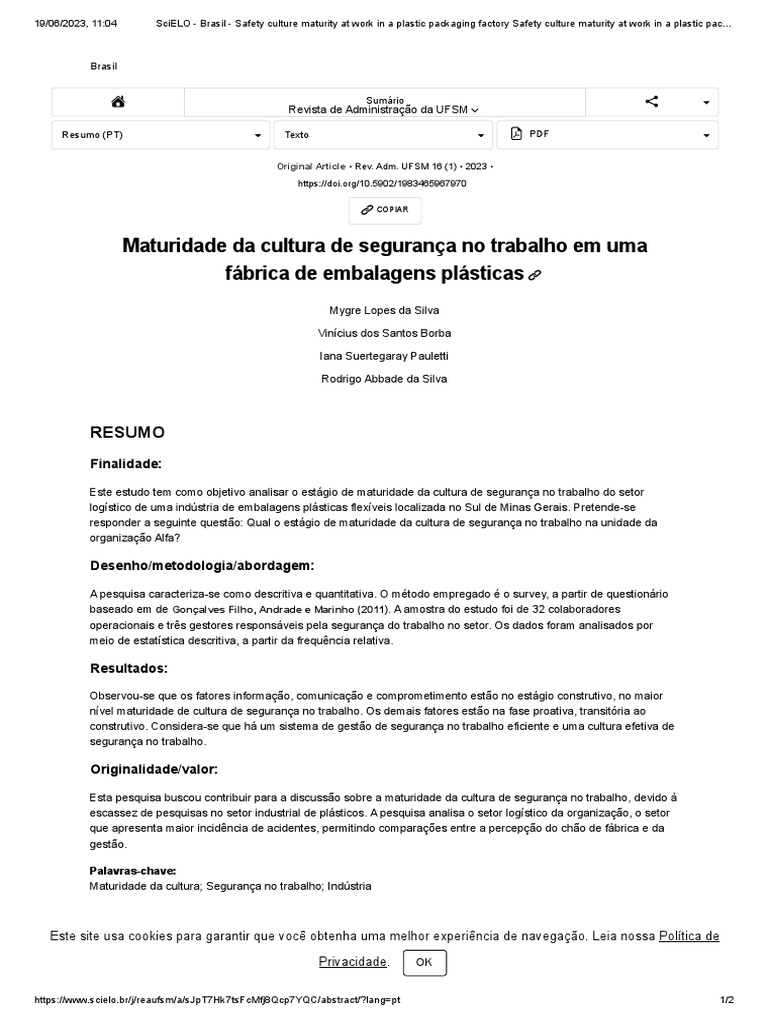 SciELO - Brasil - Safety Culture Maturity at Work in A Plastic ... SciELO - Brasil - Safety Culture Maturity at Work in A Plastic ...