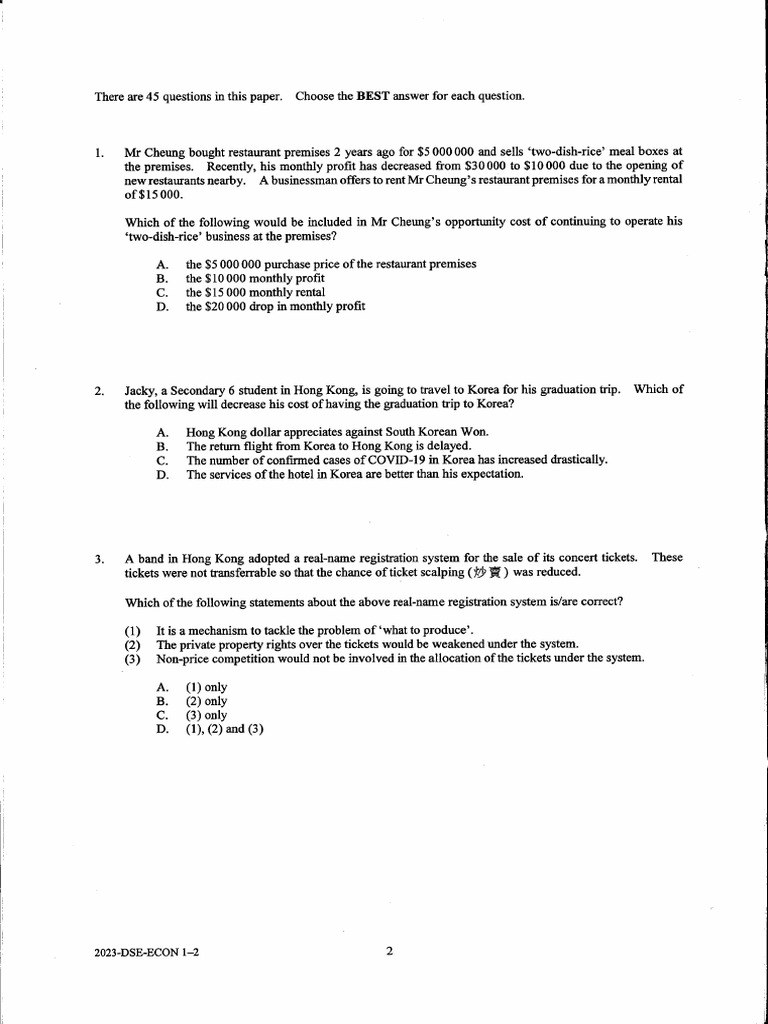 DSE Econ 2023 Paper 1 (Eng) | PDF