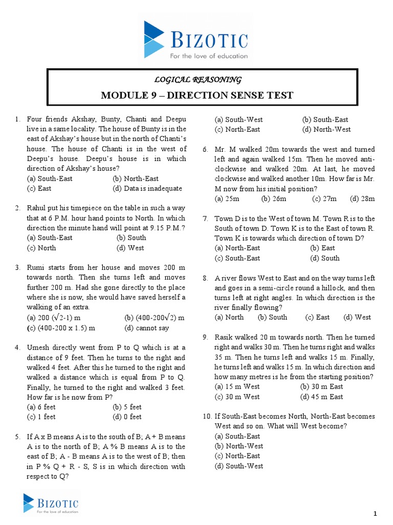 Module 9 - Direction Sense Test Student Handout | PDF | Metrology