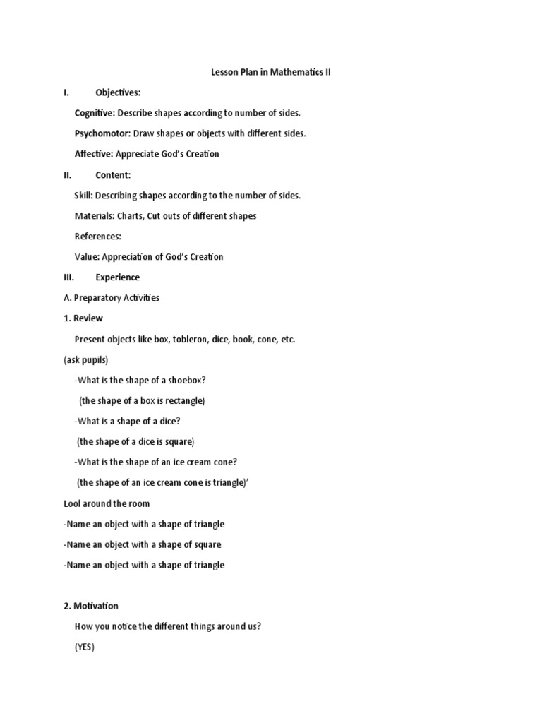 Lesson Plan in Mathematics II | PDF | Shape | Rectangle