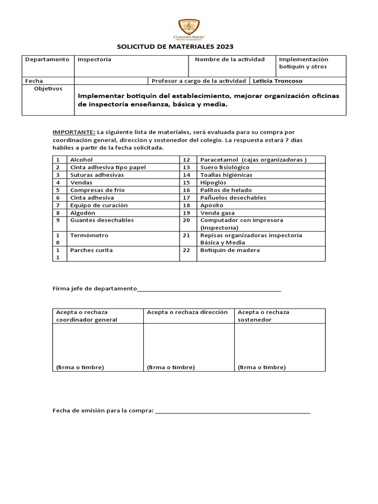 SOLICITUD DE MATERIALES 2023 (1) | PDF