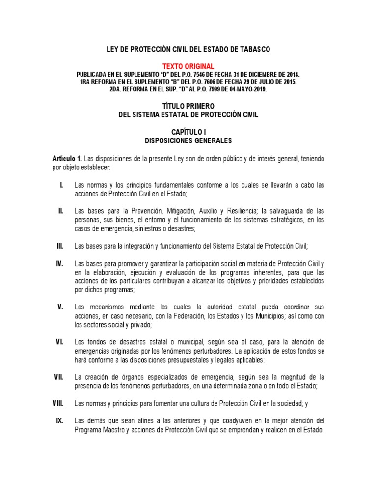 Ley de Proteccion Civil Del Estado de Tabasco | PDF | Defensa Civil | Riesgo