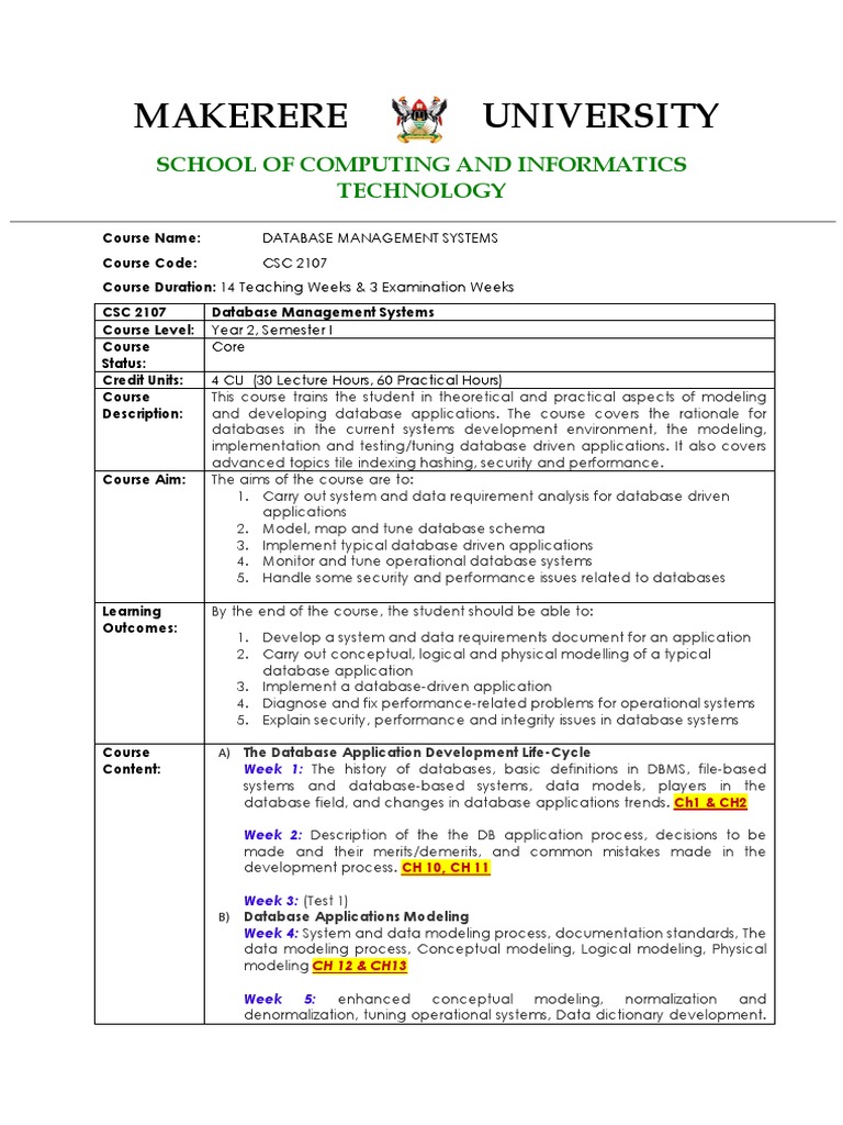 [CSC2107-CS2]-Course-Outline-DBMS-Adapted | PDF | Databases | Computing