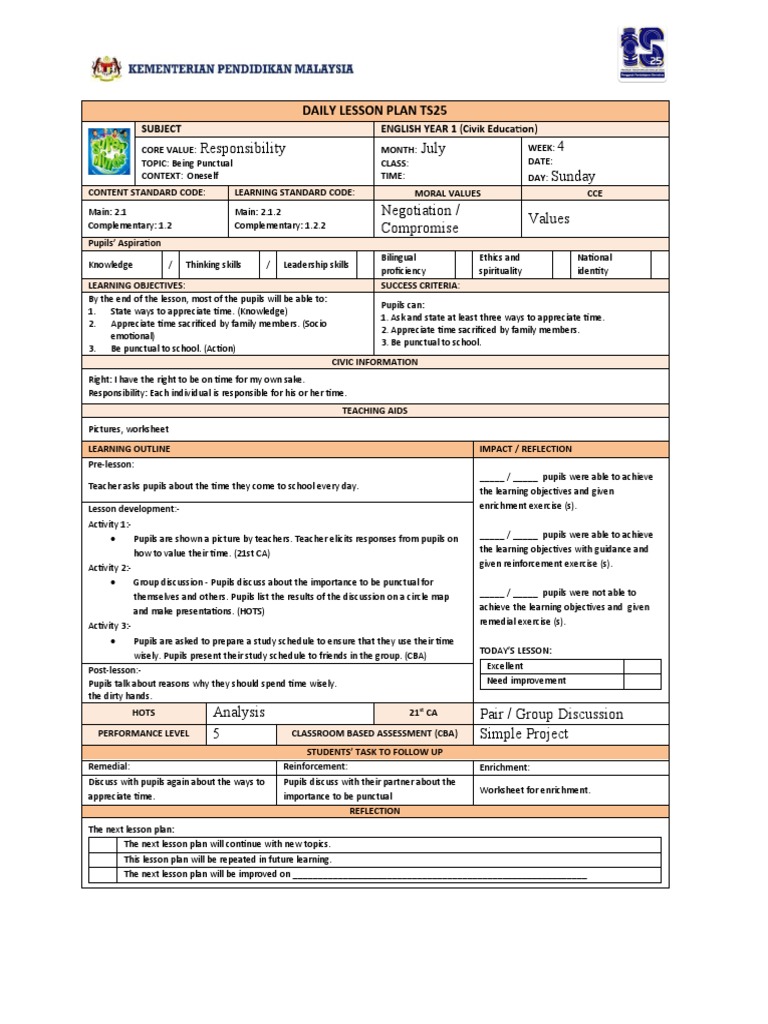 BI Y1 LP TS25 - Civic Education | PDF | Lesson Plan | Teachers