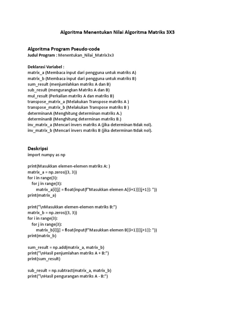 Algoritma Menentukan Nilai Algoritma Matriks 3X3 | PDF | Metode & Bahan Ajar