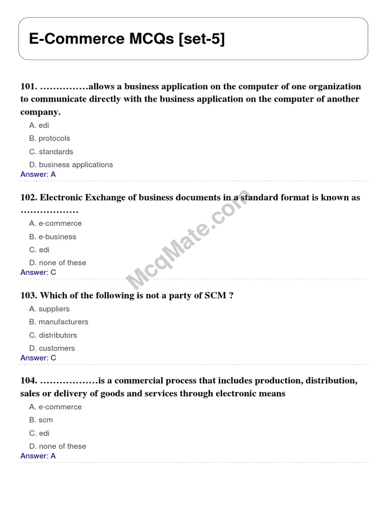 E-Commerce Solved MCQs [set-5] McqMate.com | PDF | E Commerce | Electronic Data Interchange