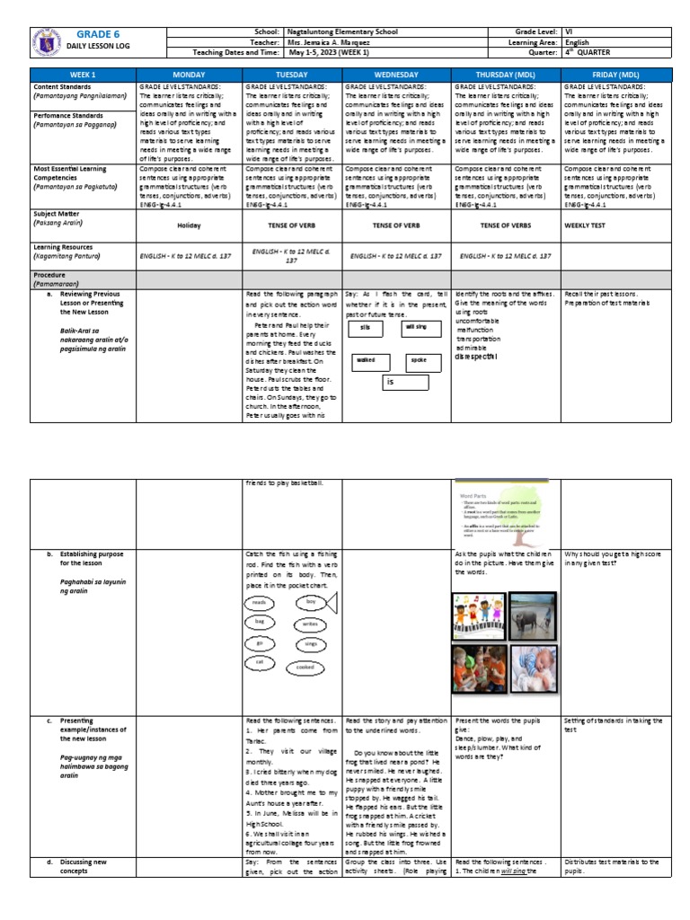 DLL ENG 6 WEEK 1 - Q4 by Teacher KJ VAL | PDF | Grammatical Tense | Verb