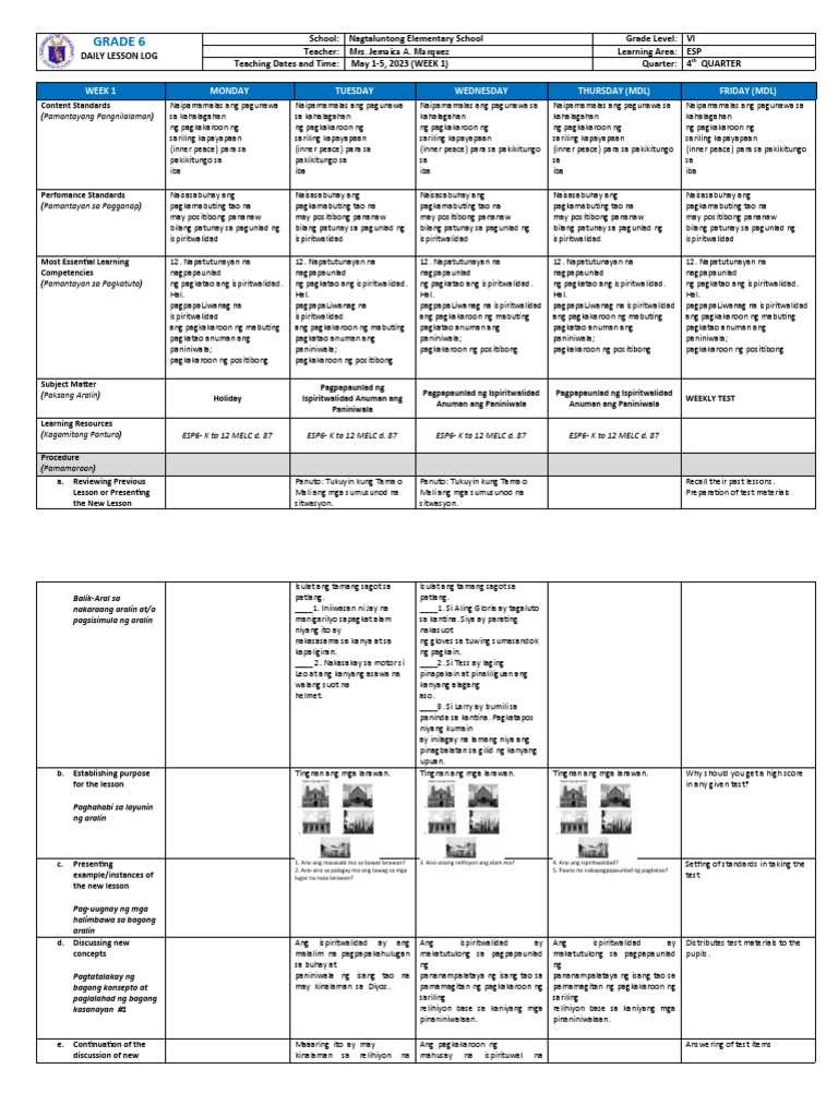 DLL ESP 6 WEEK 1 - Q4 by Teacher KJ VAL | PDF