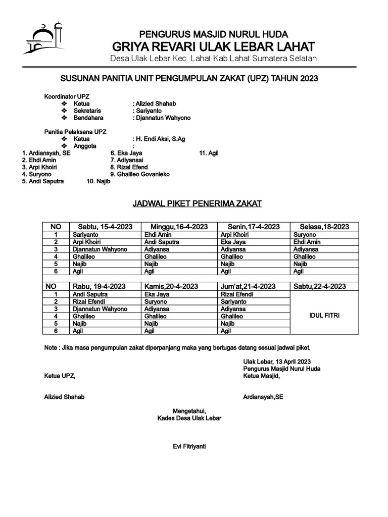 Panitia - UPZ - Nurul HUda - 2023 | PDF