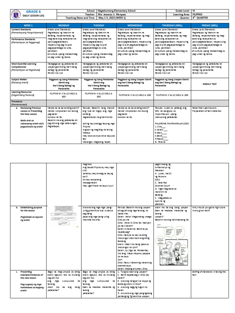 DLLFILIPINO 6 WEEK 1_Q4 by Teacher KJ VAL | PDF