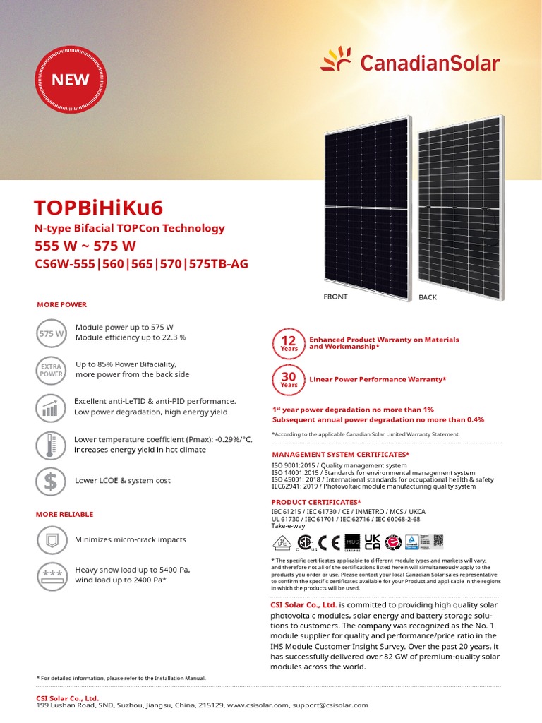 CS Datasheet TOPBiHiKu6 TOPCon - CS6W TN | PDF | Solar Panel ...