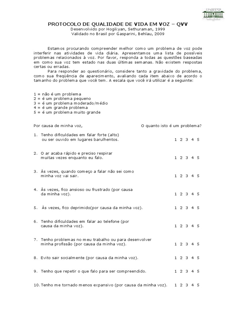 Protocolo QVV: Avaliação da Qualidade de Vida em Voz | PDF