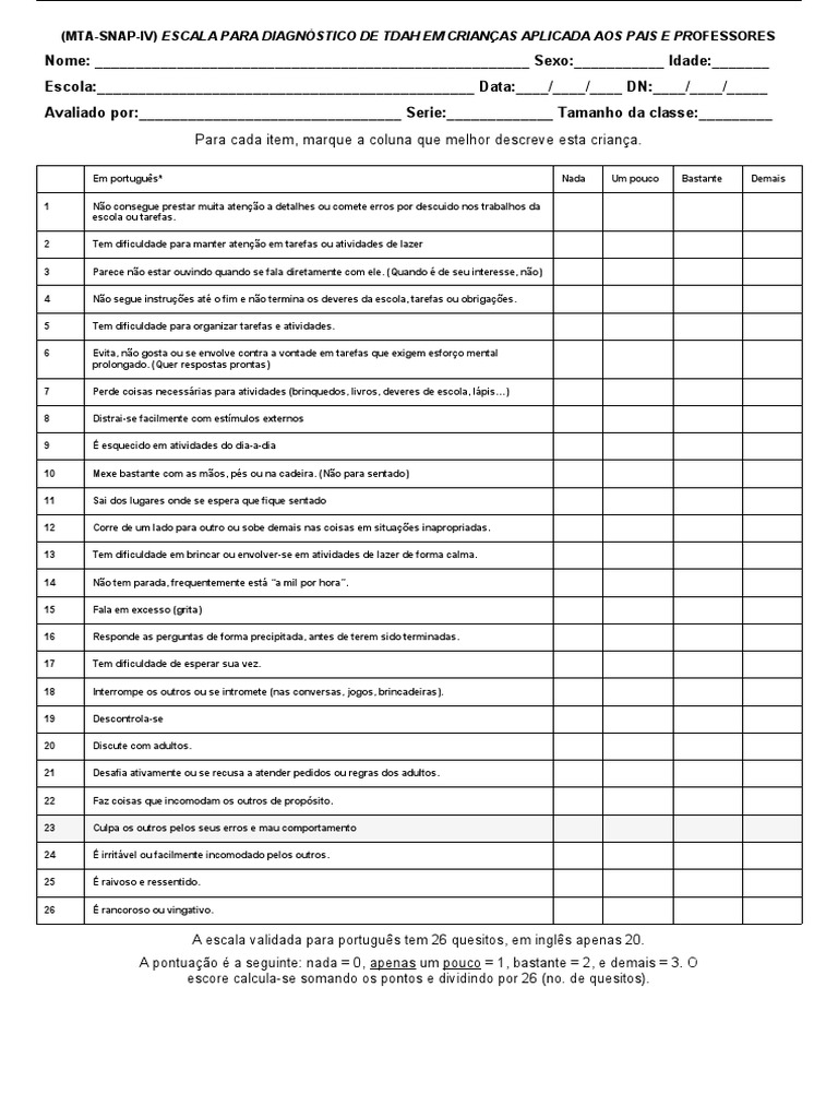 ESCALA PARA DIAGNÓSTICO DE TDAH EM CRIANÇAS APLICADA AOS PAIS E ...