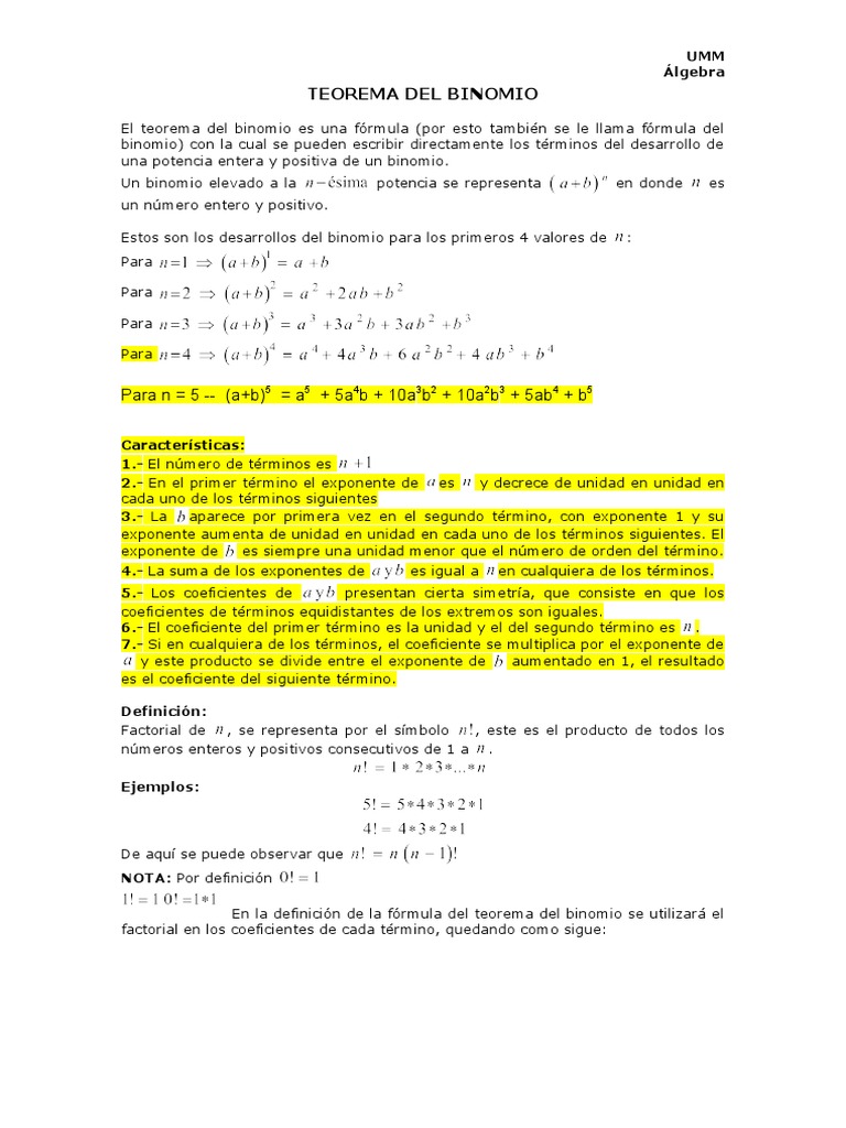 Teorema del Binomio: Desarrollo y Ejemplos | PDF | Exponenciación ...