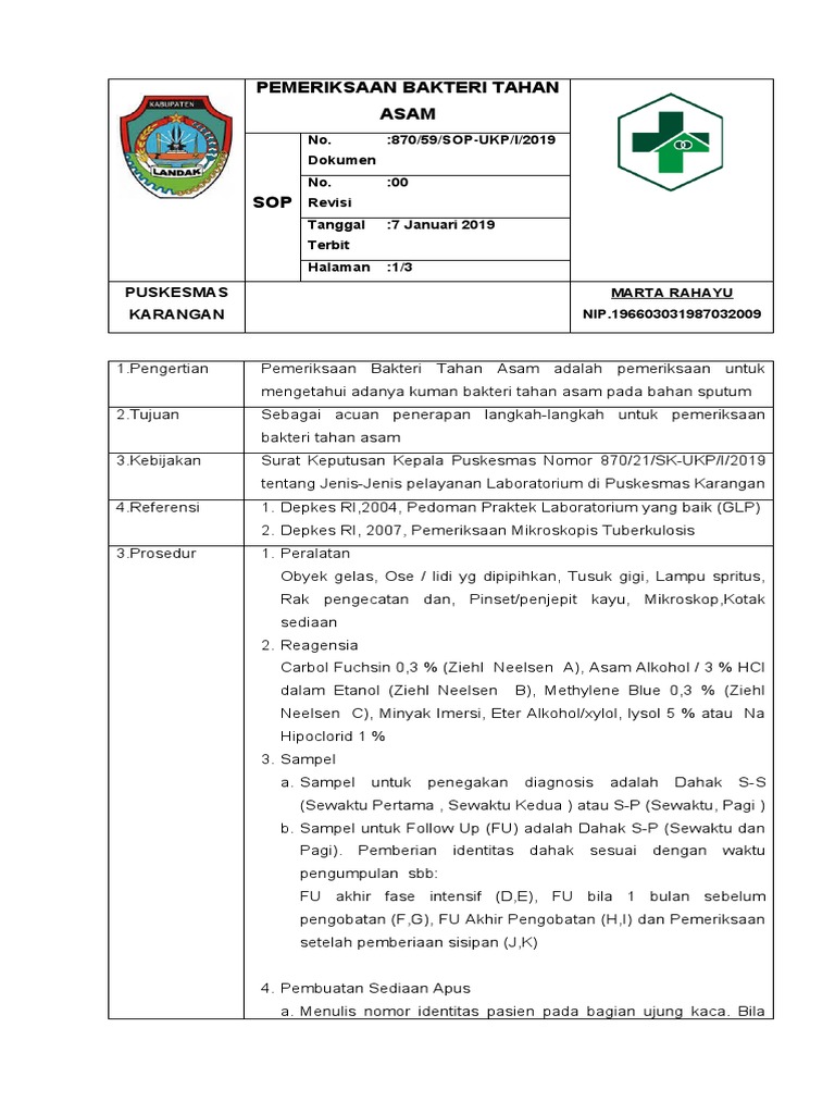 8.1.1.1.q SOP PEMERIKSAAN BAKTERI TAHAN ASAM (BTA) Fix | PDF