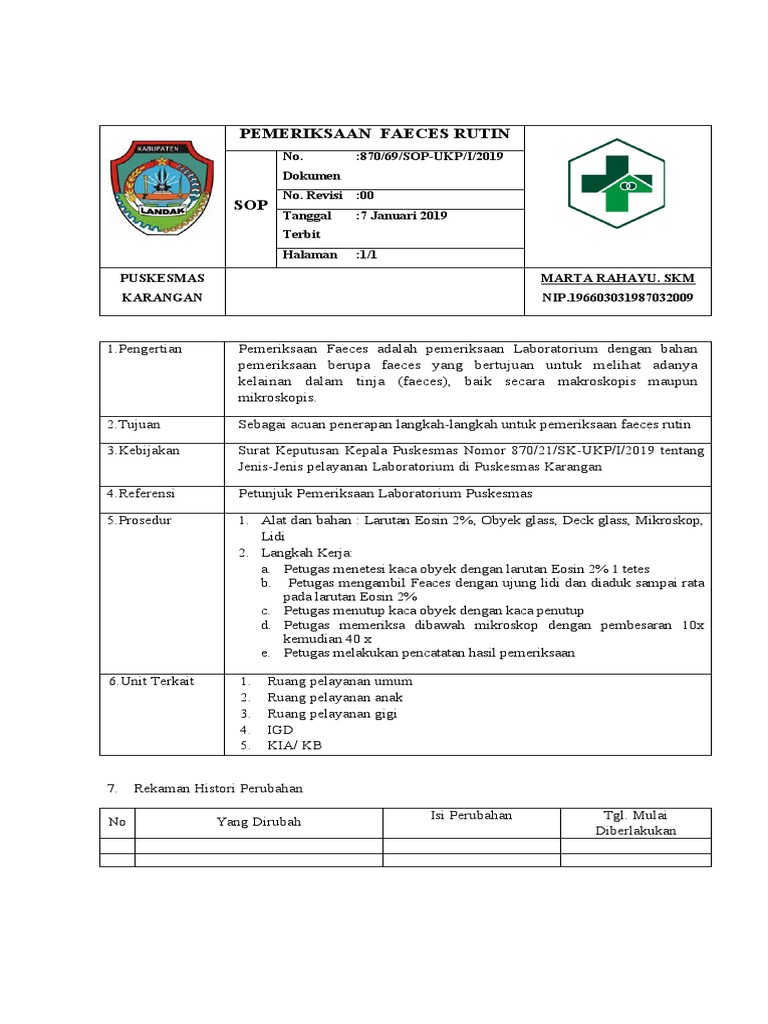 8.1.1.1.s SOP PEMERIKSAAN FAECES RUTIN Fix | PDF | Sains & Matematika