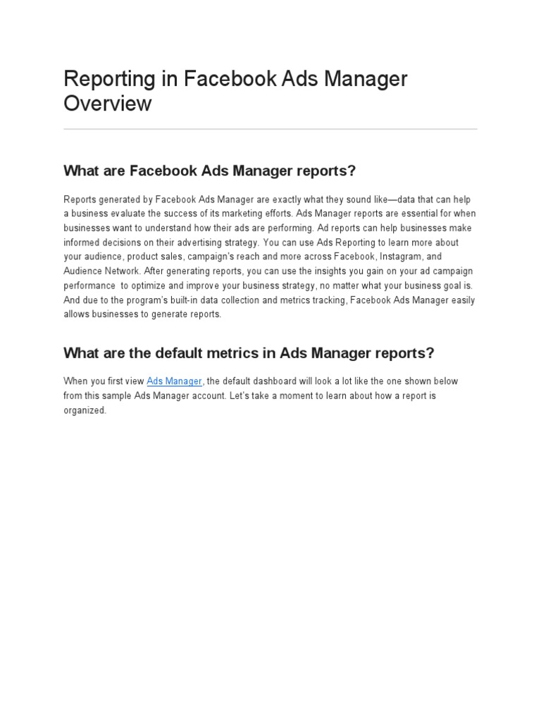 Reporting in Facebook Ads Manager Overview | PDF