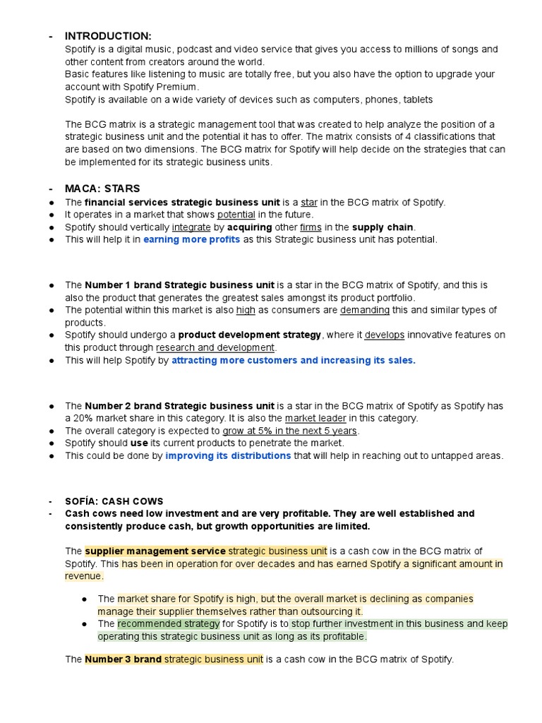 Spotify BCG Matrix | PDF | Spotify | Product (Business)