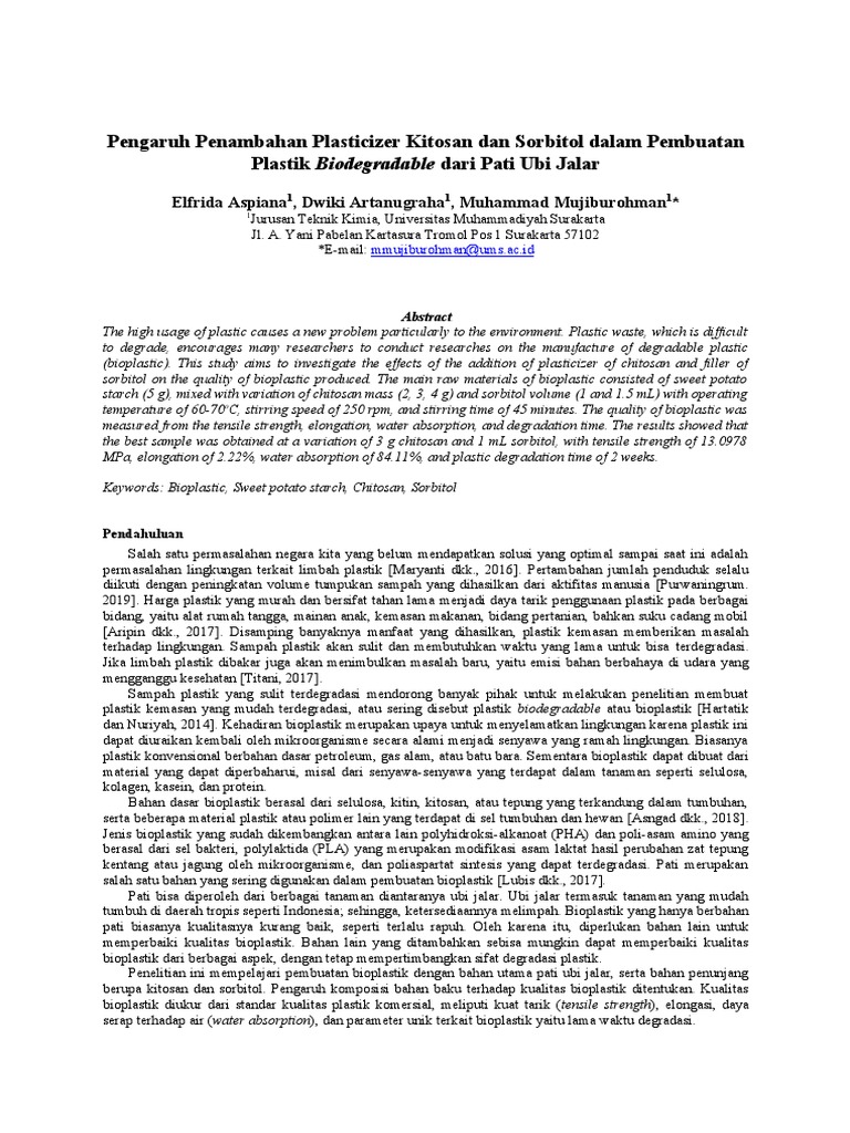 Pengaruh Penambahan Plasticizer Kitosan Dan Sorbitol Dalam Pembuatan Plastik Biodegradable Dari ...