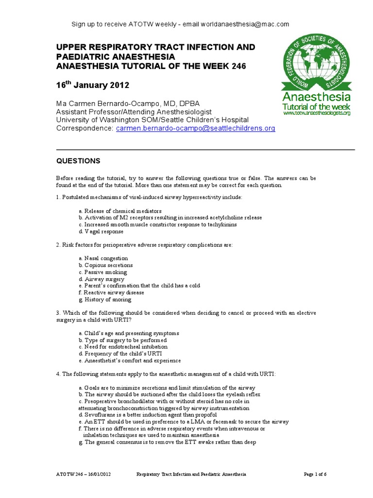 URTI and Anaesthesia | PDF | Anesthesia | Respiratory Tract