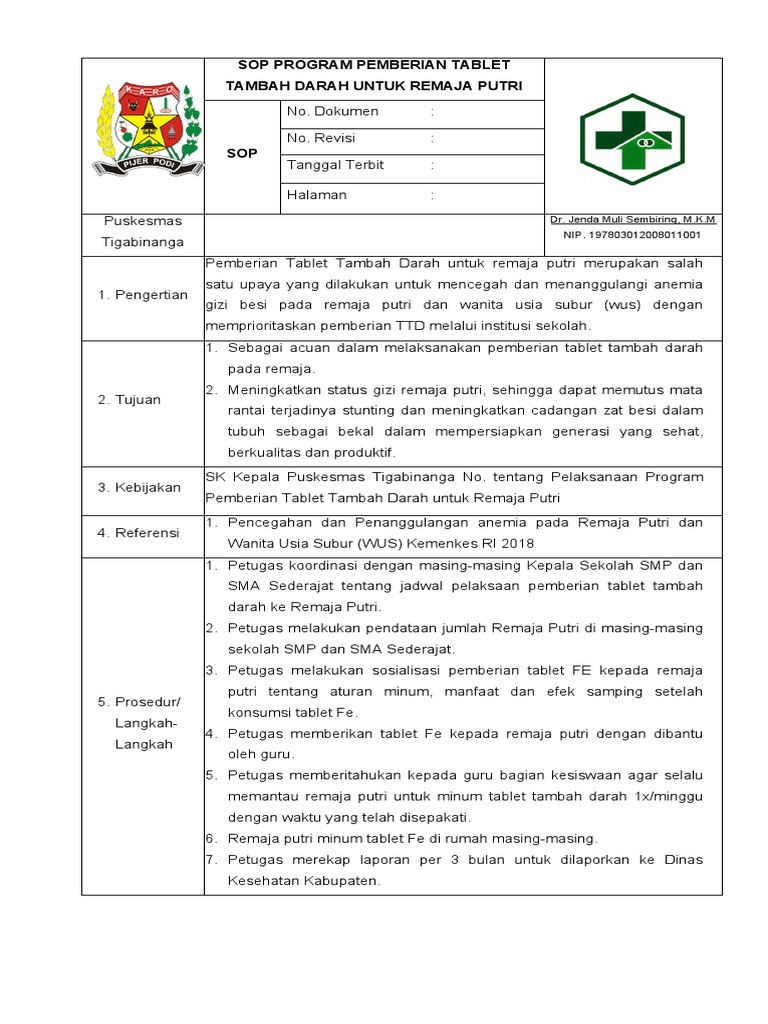 PKM - Sop Pemberian TTD Pada Remaja Putri | PDF | Kesehatan Holistik