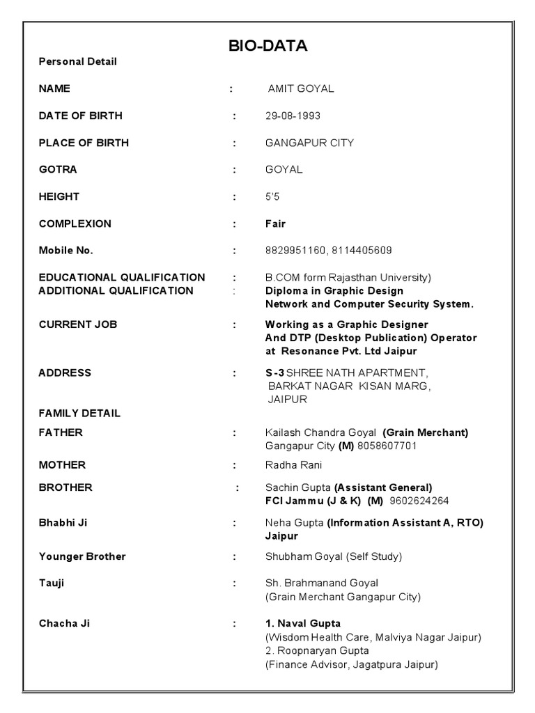 Amit Goyal - Biodata | PDF