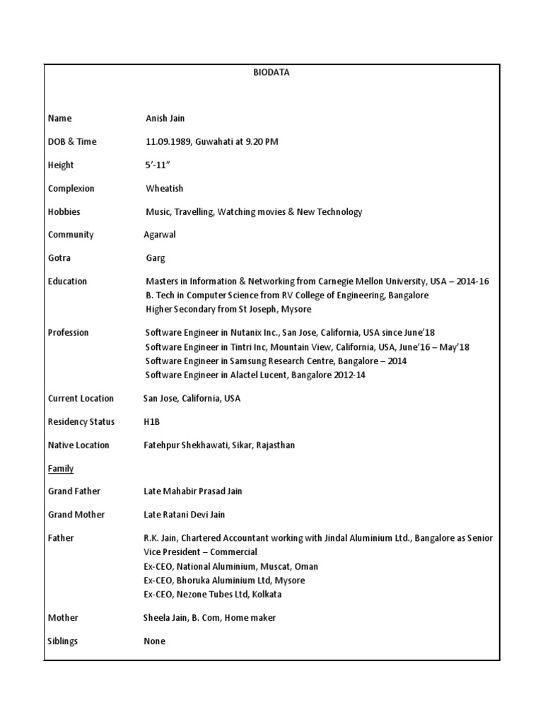 Anish New - Bio Data | PDF
