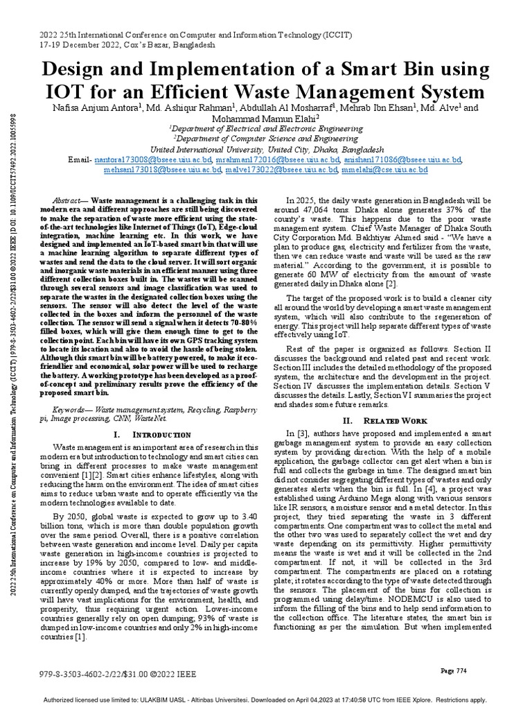 Design And Implementation Of A Smart Bin Using Iot For An Efficient 9987