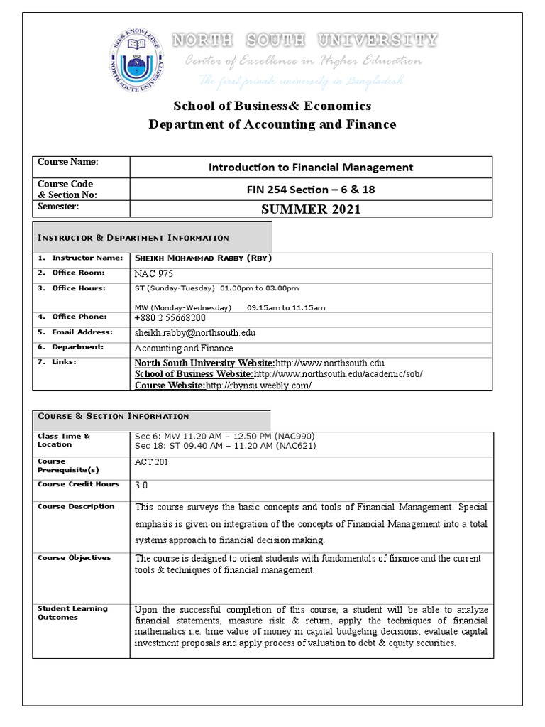 Fin254 Course Outline Summer2021 | PDF | Valuation (Finance)