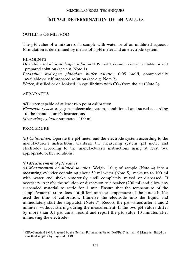 MT 75.3 Determination of PH Values: Miscellaneous Techniques | PDF | Ph | Water