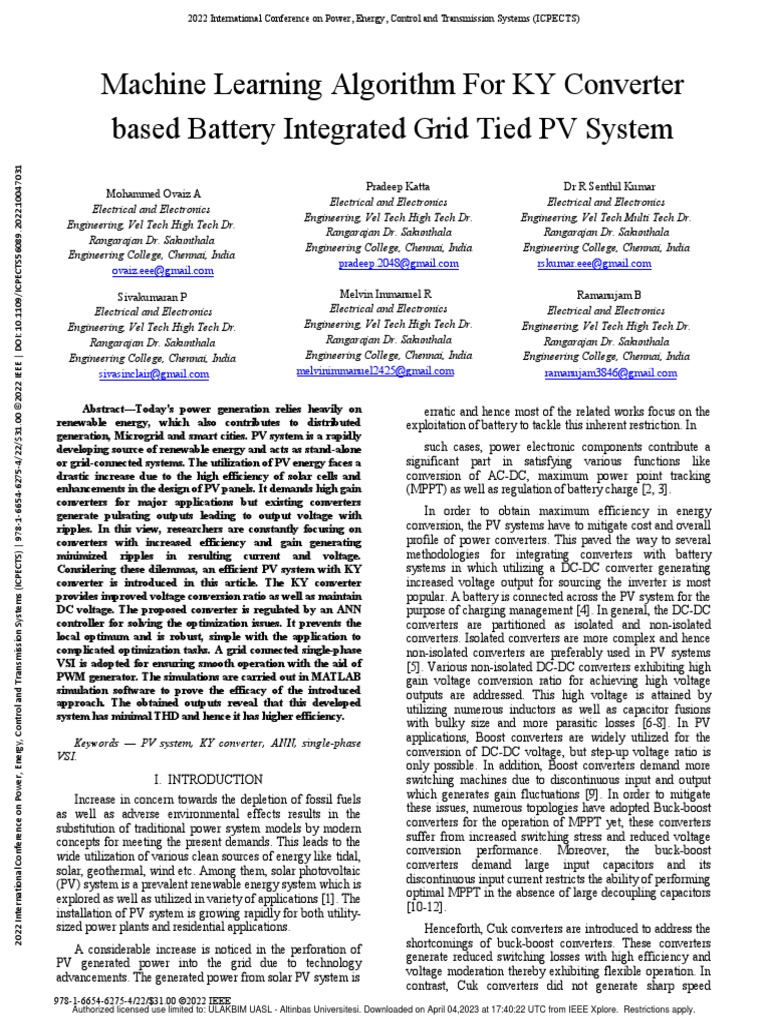 Machine Learning Algorithm For KY Converter Based Battery Integrated Grid Tied PV System | PDF