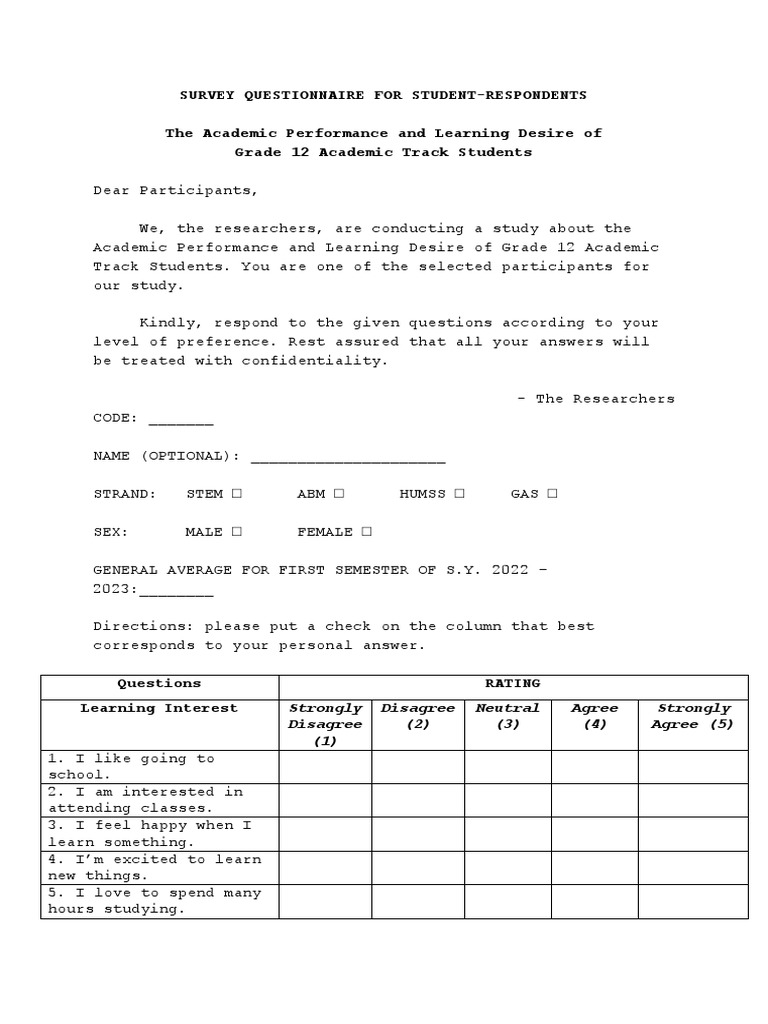 SURVEY QUESTIONNAIRE FOR STUDENT | PDF