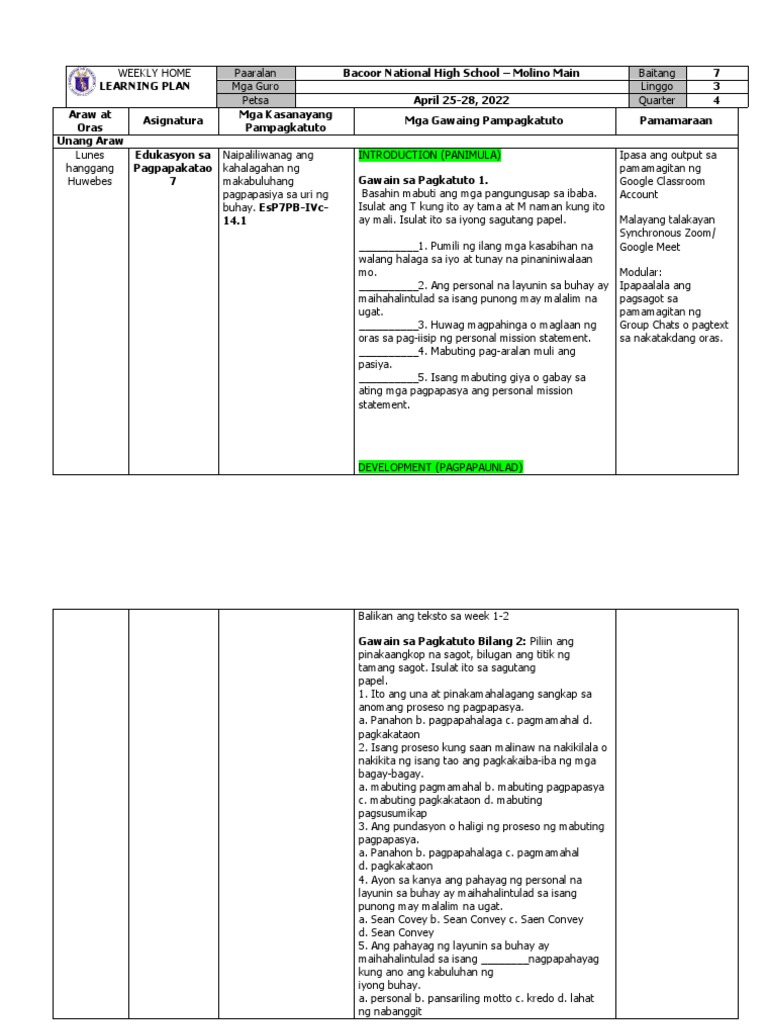 Esp-7 Q4 W3 WHLP-2 | PDF