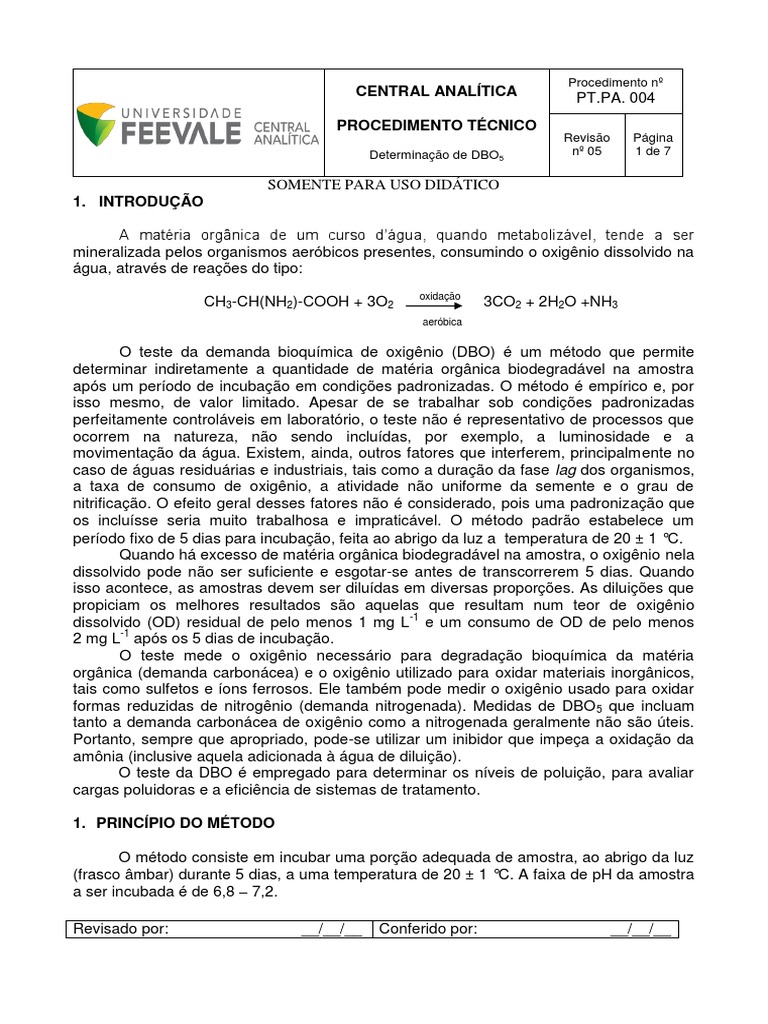 Procedimento de DBO5 em Águas | PDF | Oxigênio | Química