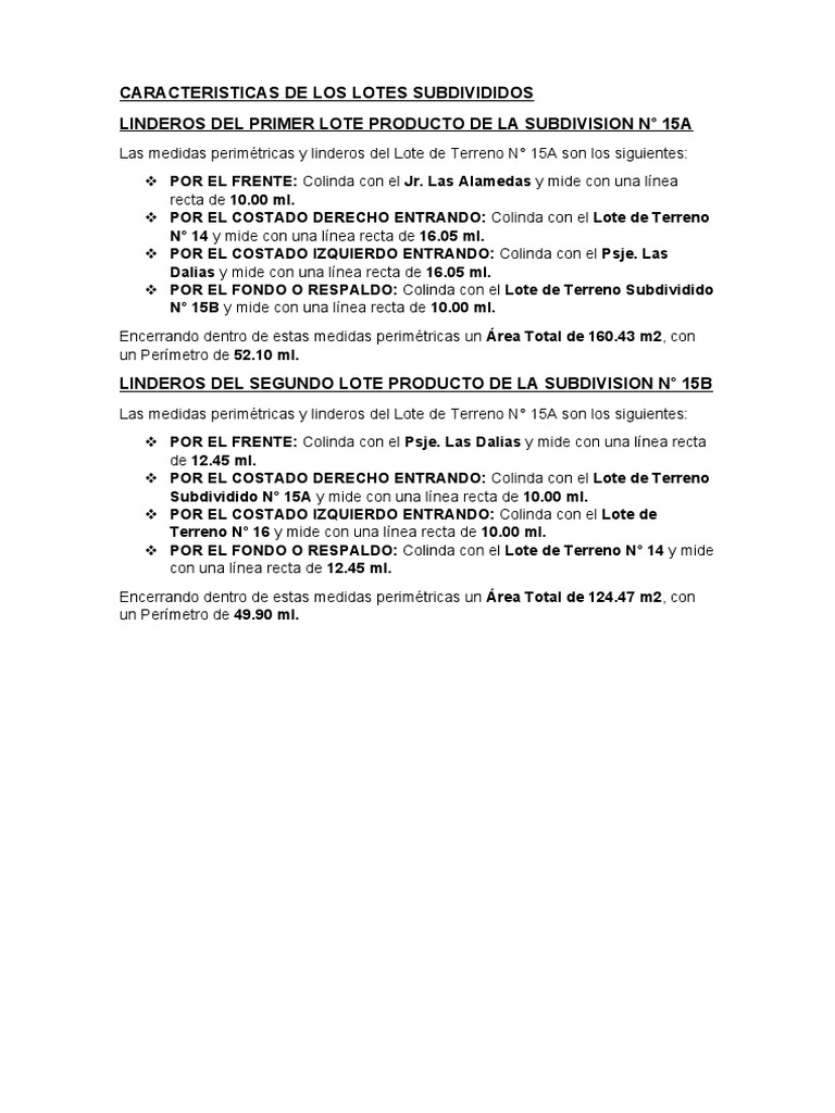 Caracteristicas de Los Lotes Subdivididos | PDF