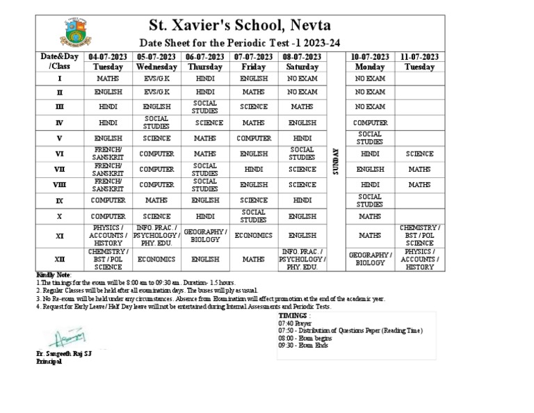 PT 1 Time Table 2023-24 | PDF | Science