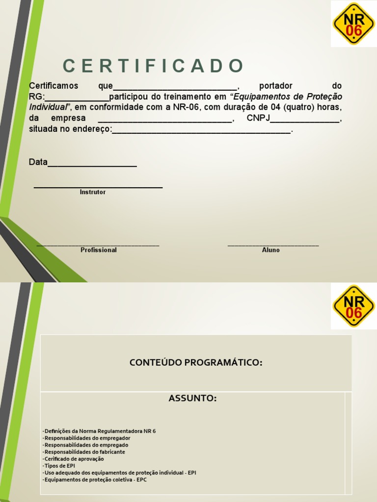 Certificado de Treinamento em EPI NR-06 | PDF