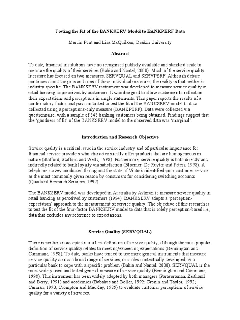 Testing The Fit of The BANKSERV Model To BANKPERF Data | PDF ...