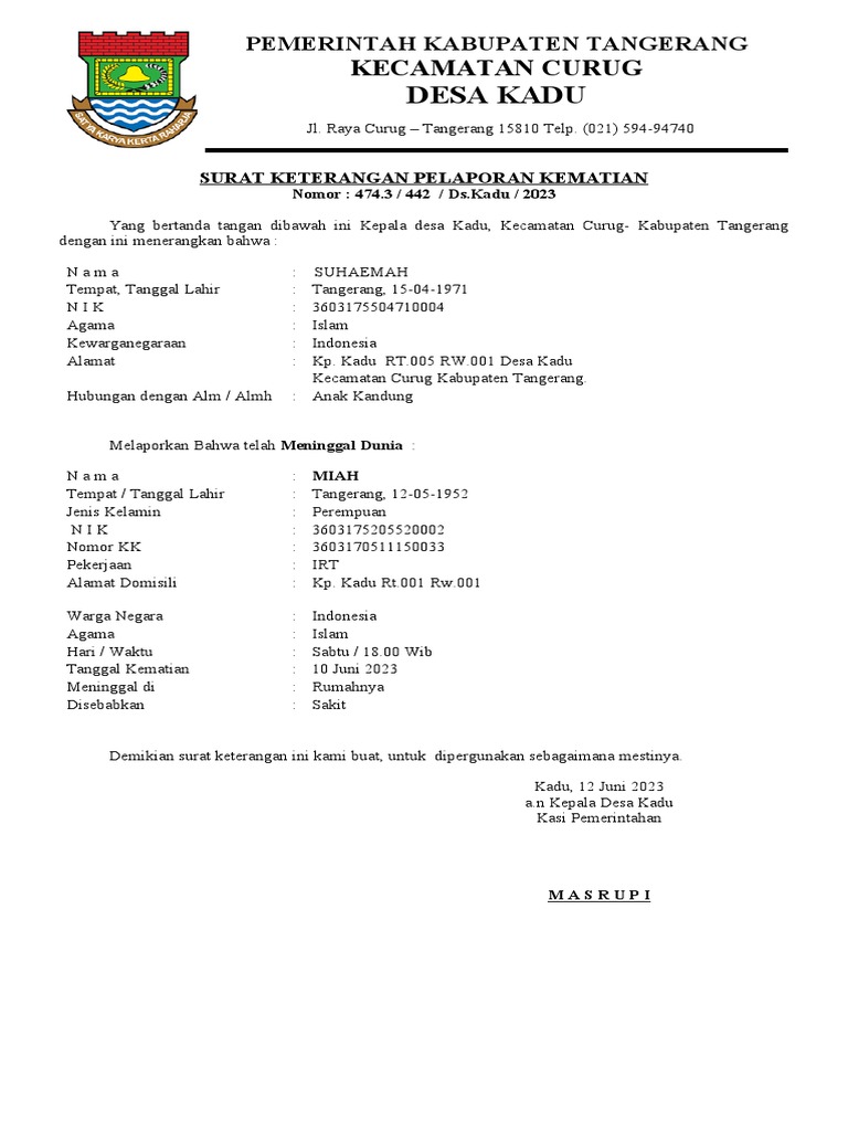 Surat Keterangan Kematian Miah | PDF