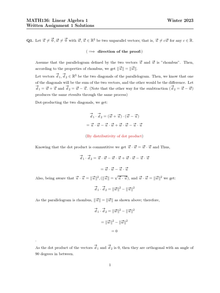 MATH136: Linear Algebra 1 Written Assignment 1 Solutions Winter 2023 ...