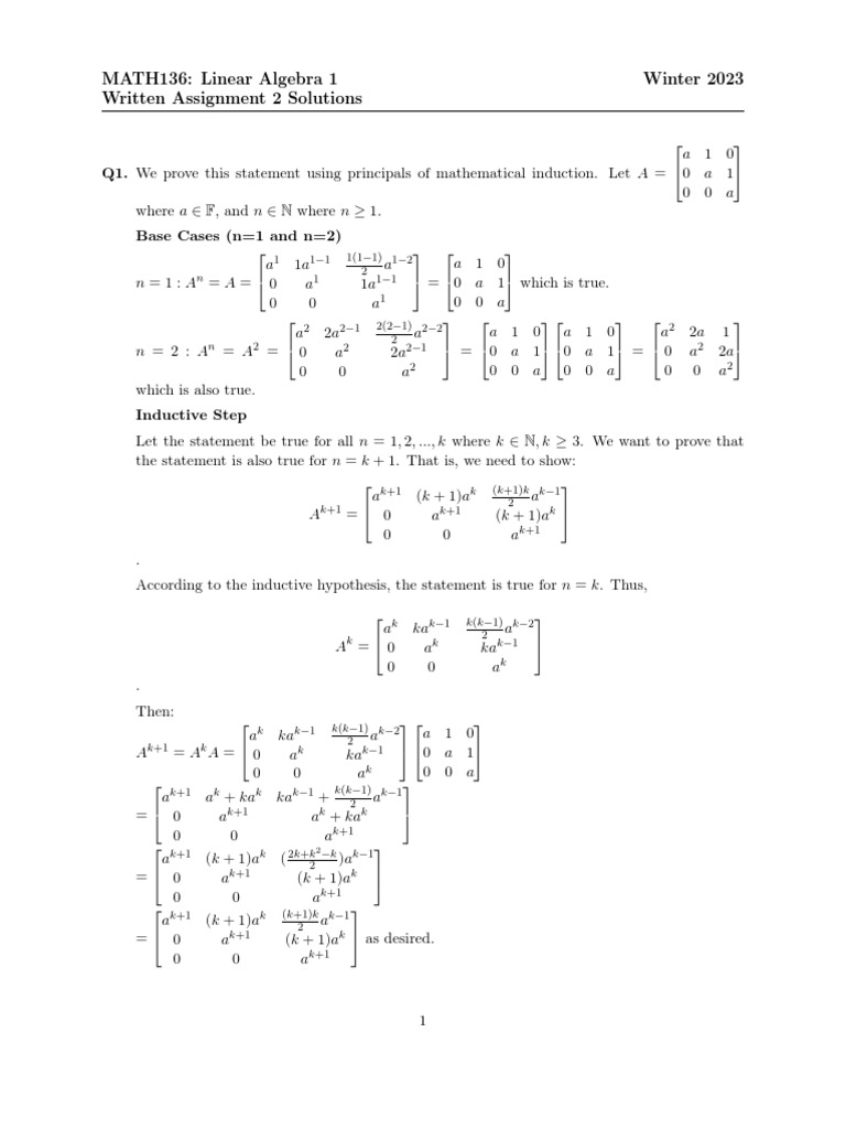 MATH136: Linear Algebra 1 Written Assignment 2 Solutions Winter 2023 | PDF