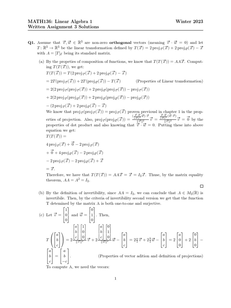MATH136: Linear Algebra 1 Written Assignment 3 Solutions Winter 2023 ...