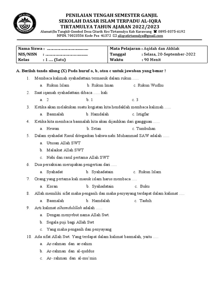 Soal Aqidah Kelas 1 PTS GANJIL | PDF