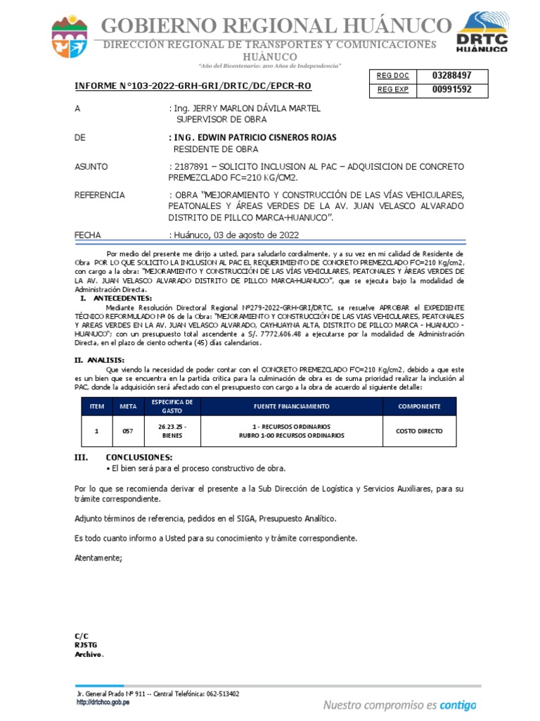 Informe N°103-2022 de Inclusion Al Pac Concreto 210 Resi | PDF ...