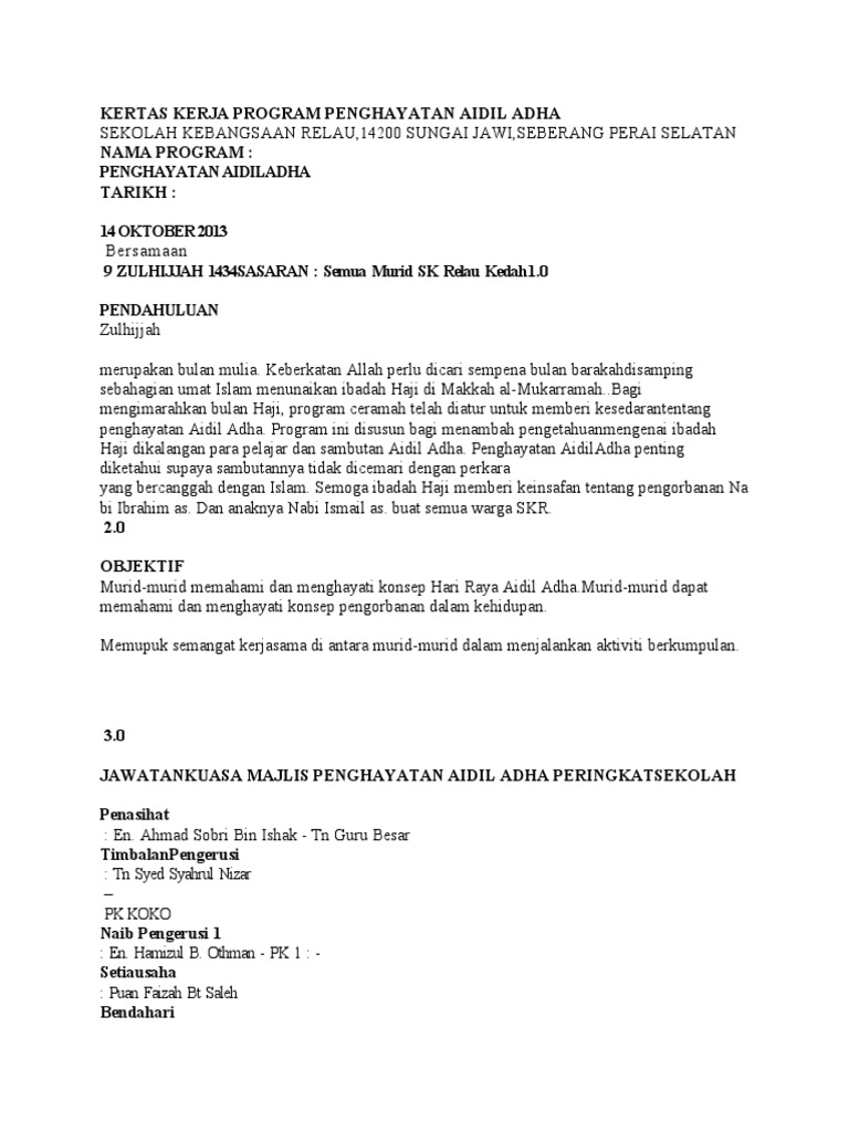 Kertas Kerja Program Penghayatan Aidil Adha | PDF