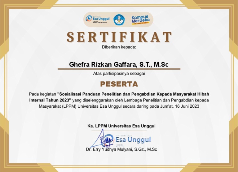 Sertifikat Ghefra Rizkan Gaffara, S.T., M.Sc (1) | PDF