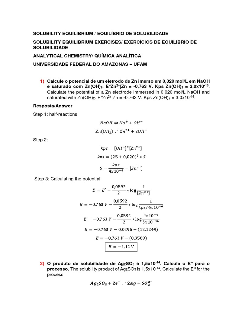 Equilibrium of Solubility - Exercise | PDF | Materials | Chemistry