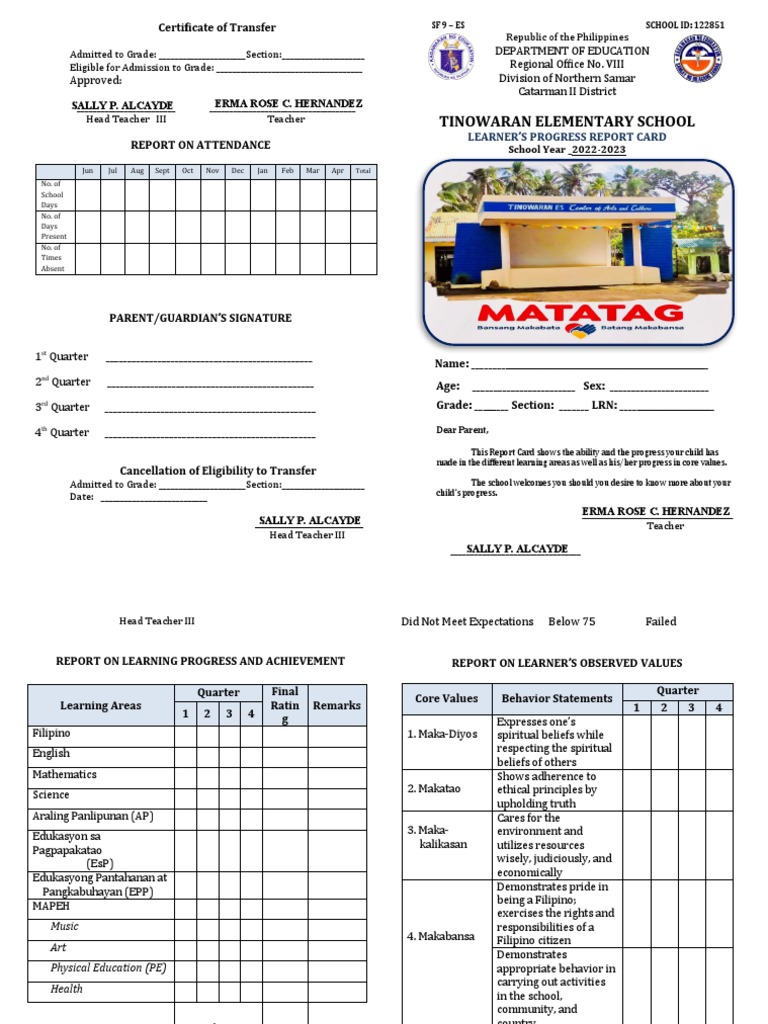 SF 9 - ES ( (Learner's Progress Report Card) - TINOWARAN ES S.Y 2022 ... SF 9 - ES ( (Learner's Progress Report Card) - TINOWARAN ES S.Y 2022 ...