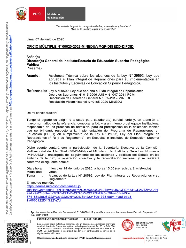 Oficio - Multiple 00020 2023 Minedu VMGP Digedd Difoid | PDF | Educación más alta | Justicia