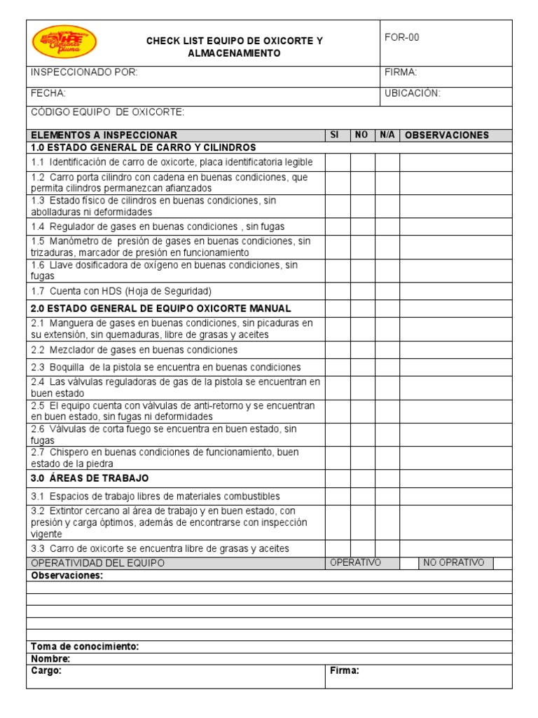 Check-list Equipo de oxicorte y almacenamiento (OK) | PDF